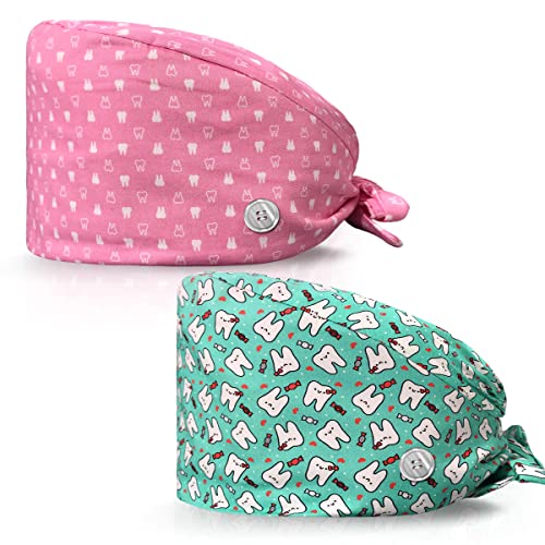niaahinn 2pcs Adjustable Surgical Scrub Caps with Button & Sweatband Cotton Nursing Hair Caps with Tie Back for Men Women (22132-22133)