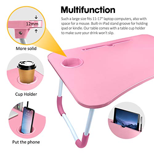 KPX Portable Laptop Bed Table, Fordable Lap Desk with Cup Slot & Notebook Stand Breakfast Bed Trays for Eating and Laptops Book Holder Lap Desk for Floor,Couch, Sofa, Bed, Terrace, Balcony (Pink)