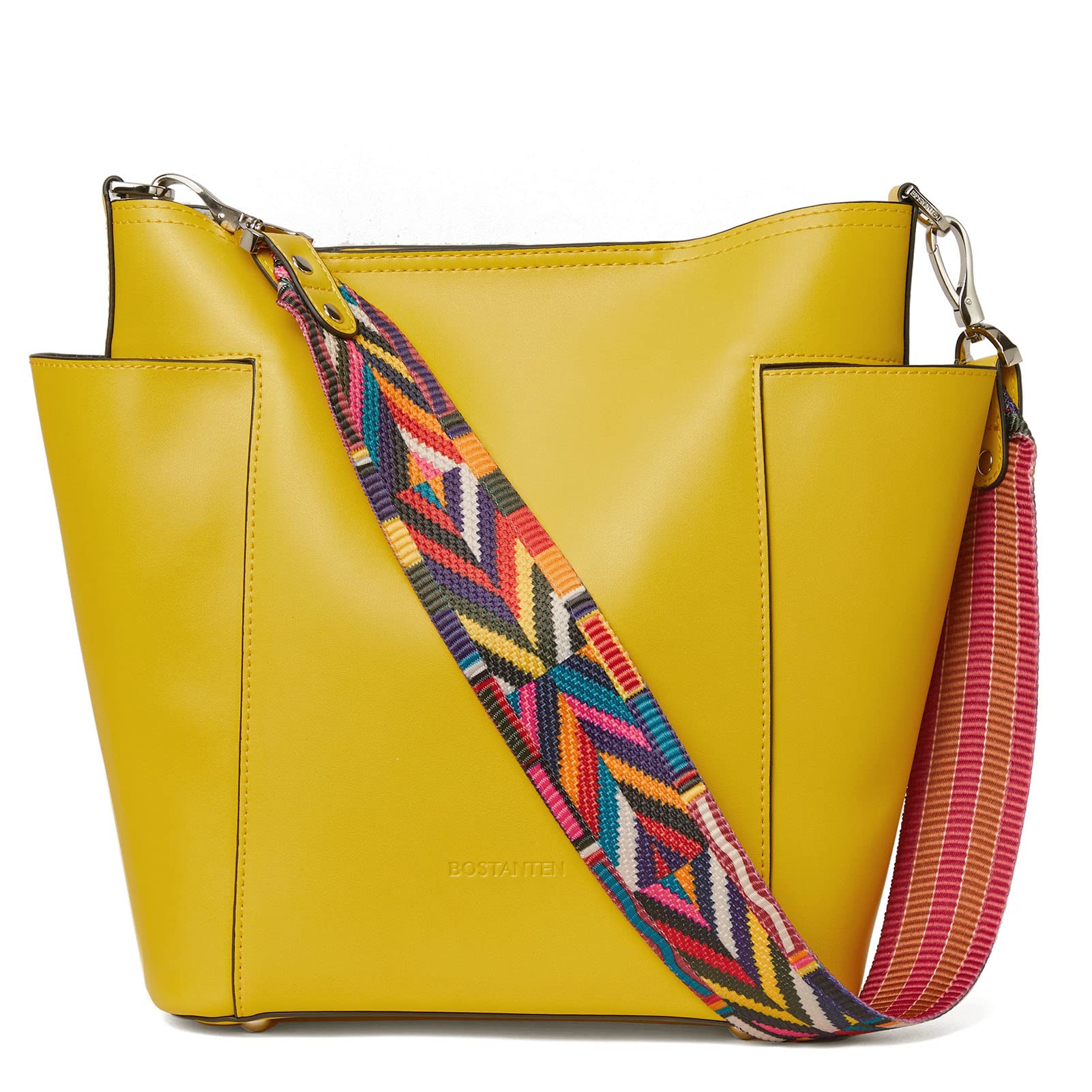 BOSTANTEN Genuine Leather Bucket Handbag Designer Hobo Shoulder Bag Tote Purses and Handbags Set with Clutch Purses Yellow-grainy