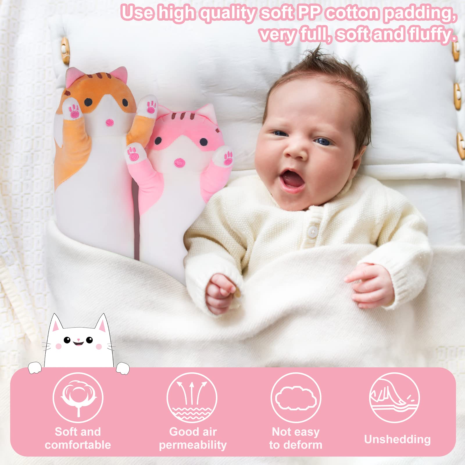 DOBUONO 19.68in Long Cat Plush Pillow - Cute Stuffed Animal for Kids - Soft Pink