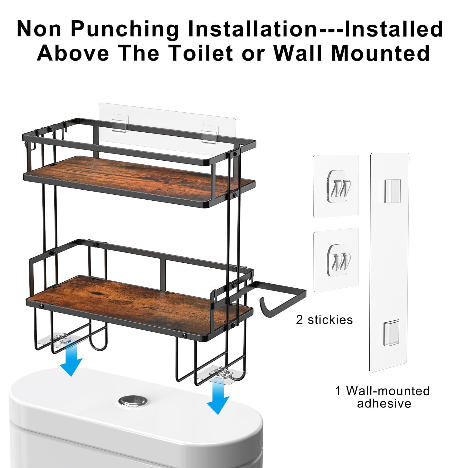 FLOLXNB 2 Tier Bathroom Storage Shelf, Wooden Toilet Shelf Organizer, Over The Toilet Storage Shelf,Toilet Storage Rack with Paper Holder and Hooks, No Drilling Wall Mounted Storage Rack, Black