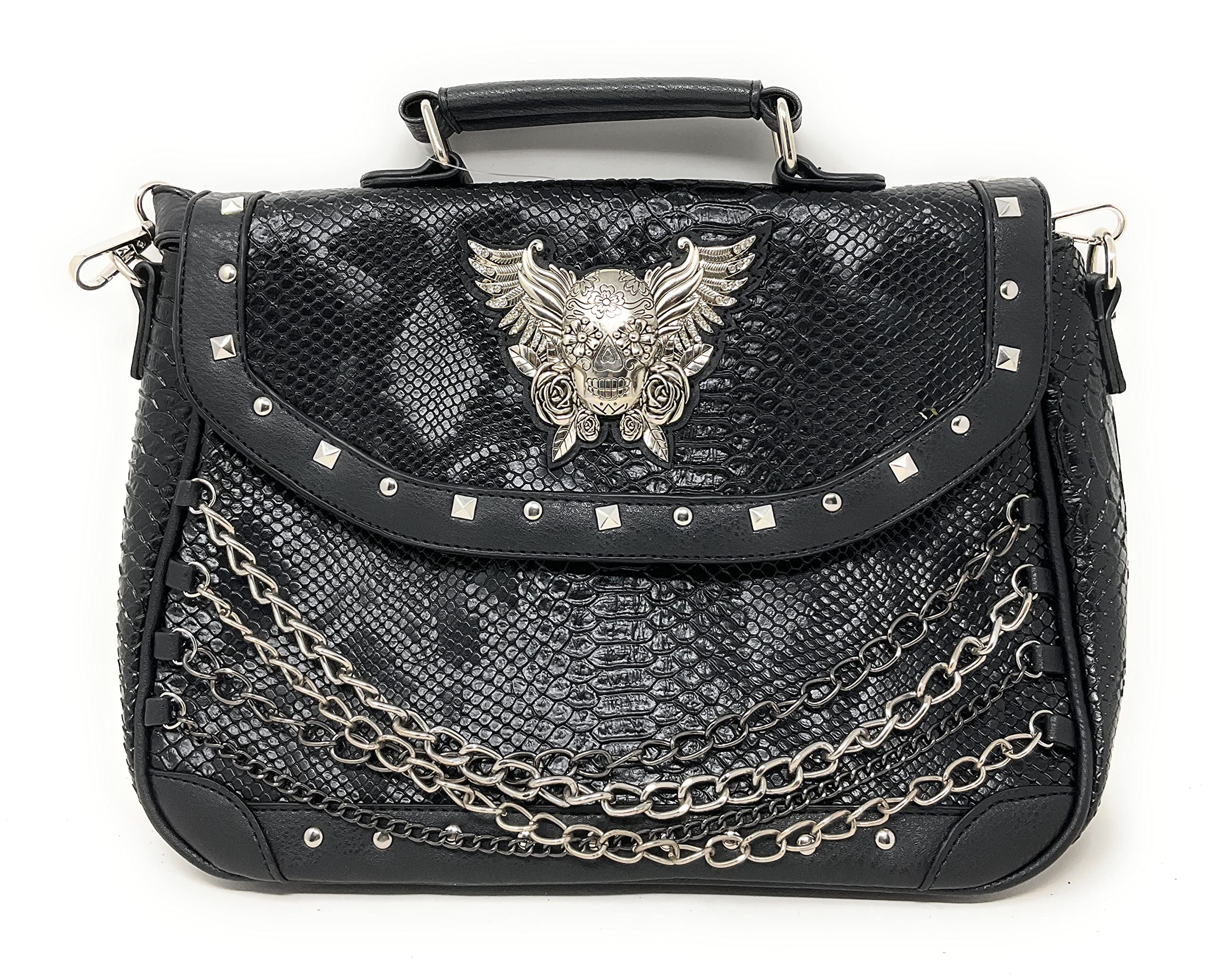 Texas West Women's Skull Chain Concealed Carry Handbag Purse Shoulder Bag/Crossbody Bag/Walllet (Black Set)