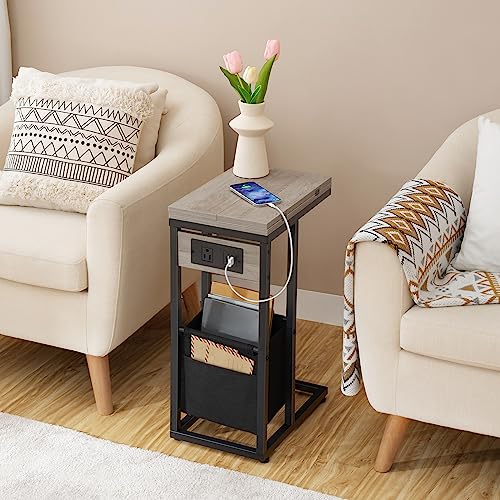 HOOBRO C Shaped Side Table with Charging Station, Foldable End Table with Fabric Bag, Sofa Table Coffee Table Snack Table for Couch Small Space Living Room, Bedroom, Greige and Black BG30USF01