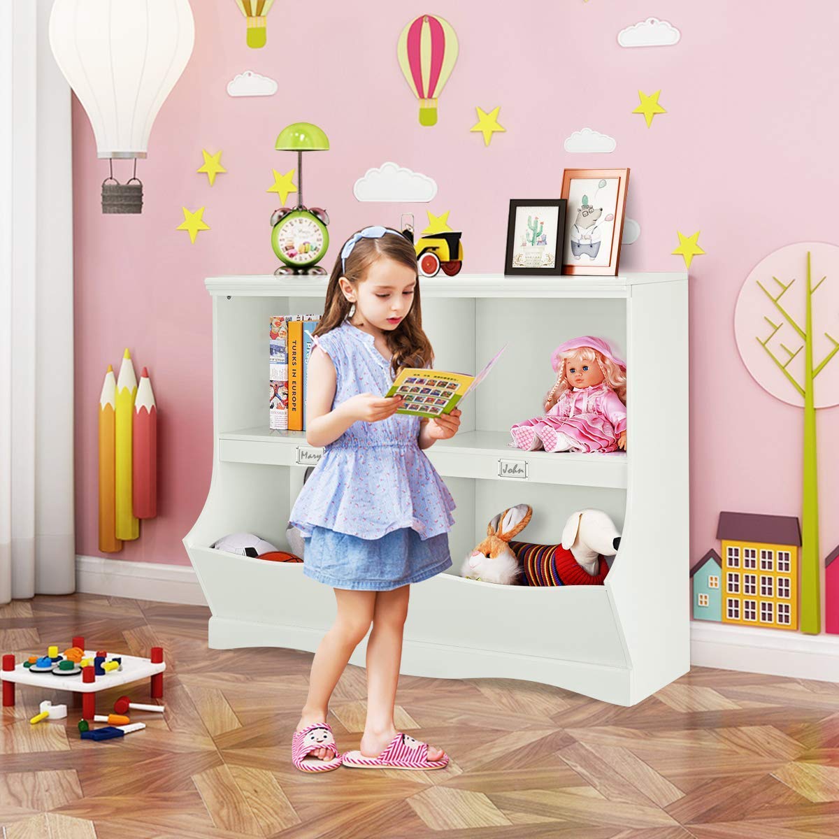 HOMGX Toy Storage Organizer, Open Kids Storage Cubby with 2 Shelves & 4 Bins, Multifunctional Toy Storage Cabinet for Nursery, Playroom(White)