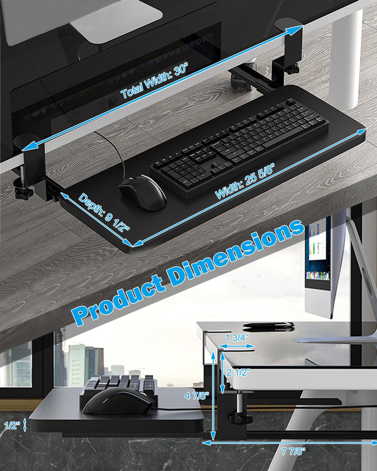 Clamp-On Under Desk Keyboard Tray, Keyboard Drawer for Corner Desk & Straight Edge Desk, Slide Out Keyboard Platforms for Home Office, White