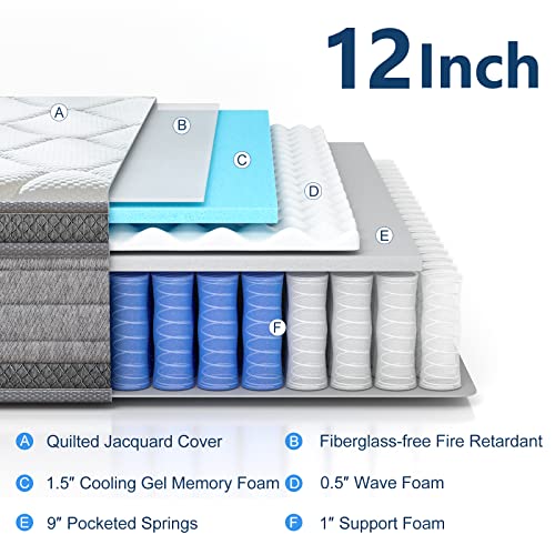 Queen Mattress, MOLBLLY 12 Inch Cooling-Gel Memory Foam and Individually Pocket Innerspring Hybrid Queen Bed Mattress in a Box, CertiPUR-US Certified,60β*80β, Medium Firm