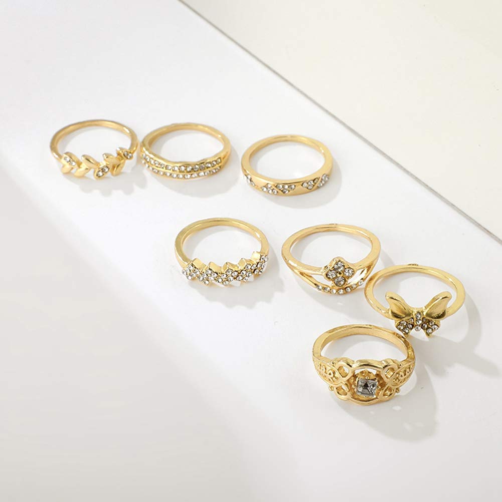 Boho Finger Ring Set of 7 Gold Crystal Butterfly Rings Set for Women and Dainty Gold Ring