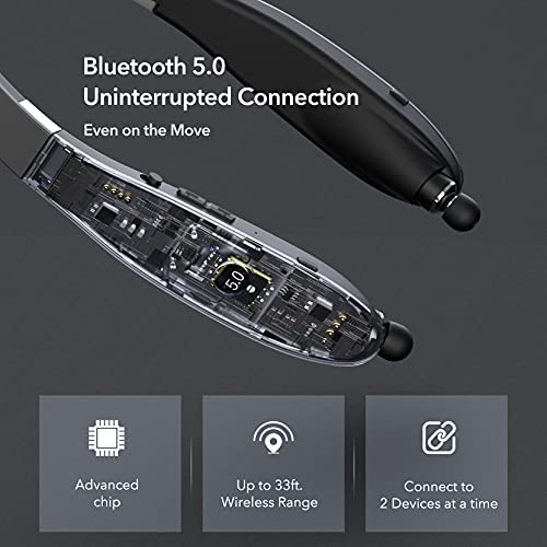 Neckband Bluetooth Headphones w/ 30hrs Playback, Wings Foldable Wireless Headset Retractable Earbuds, Around The Neck in Ear Earphones w/Noise Cancelling Microphones, Work from Home, Office, Commute