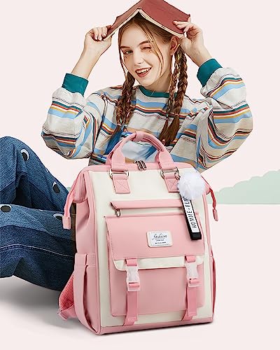 LOVEVOOK Laptop Backpack for Women,15.6 Inch College Backpack,Light Weight Travel Backpack Waterproof Casual Daypack Computer Backpack fits Travel Work Casual(15.6 inch,Pink&Beige)