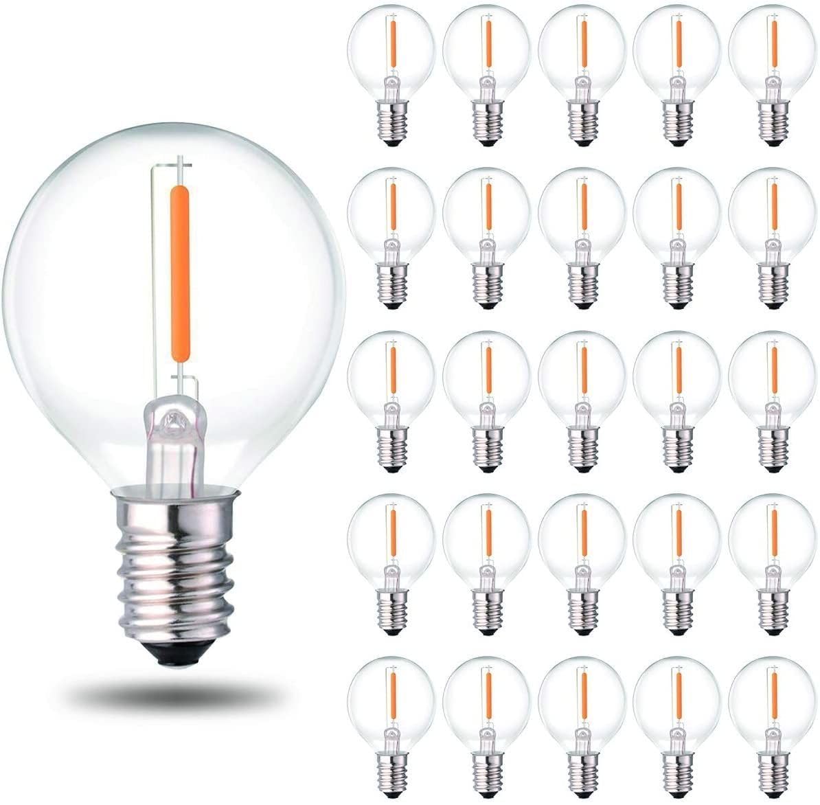 G40 Led Replacement Light Bulbs, E12 Screw Base Shatterproof Globe Light Bulbs for Outdoor String Lights, 0.6W Chandelier Bulbs Equvalent to 5 Watt Incandescent Bulbs, 2700K Warm White, 25 Pack
