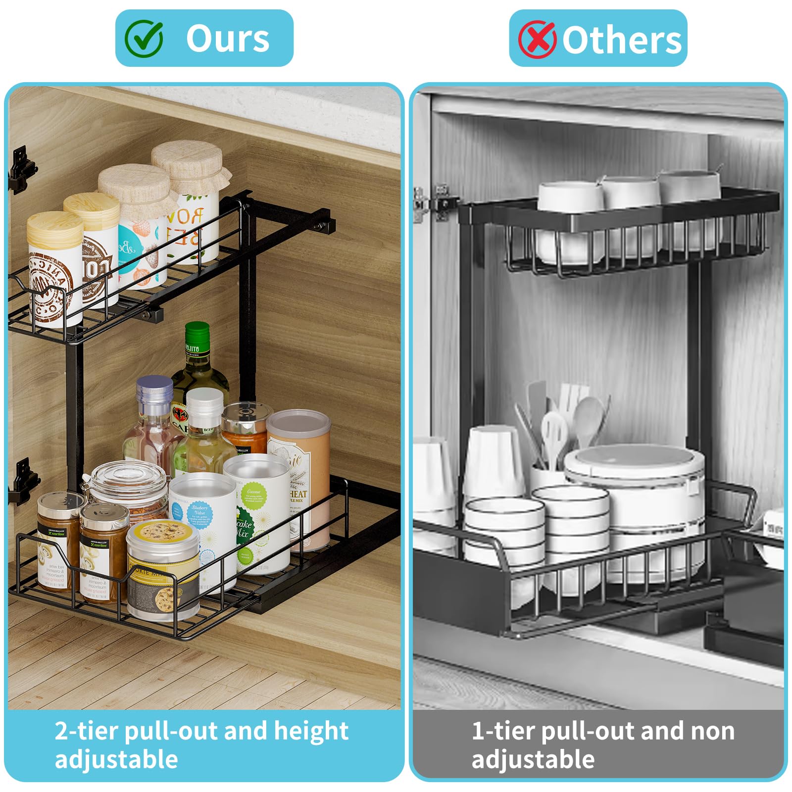 Fixwal 2 Pack Under Bathroom Sink Organizer and Storage, 2-Tier Adjustable Height Kitchen Bathroom Cabinet Organizers and Storage, Metal Pull Out Under Sink Storage for Kitchen Bathroom Cabinet Pantry