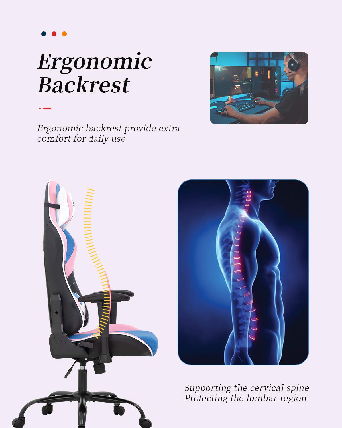 PC Gaming Chair Racing Office Chair E-Sports Computer Chair with Lumbar Support Adjustable Headrest 2D Armrest Rolling Swivel Game Chair Task Ergonomic PU Leather Desk Chair