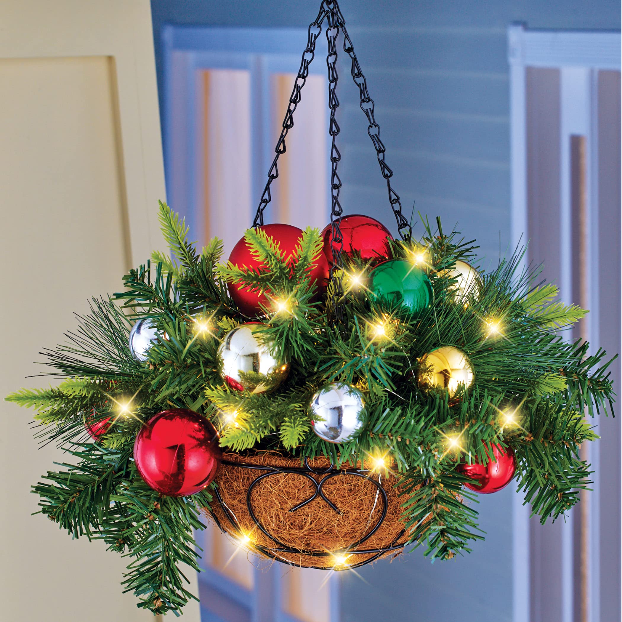 Collections Etc Lighted Ornament Hanging Basket Arrangement with Hook and 6 Hour Timer - Outdoor Holiday Decoration