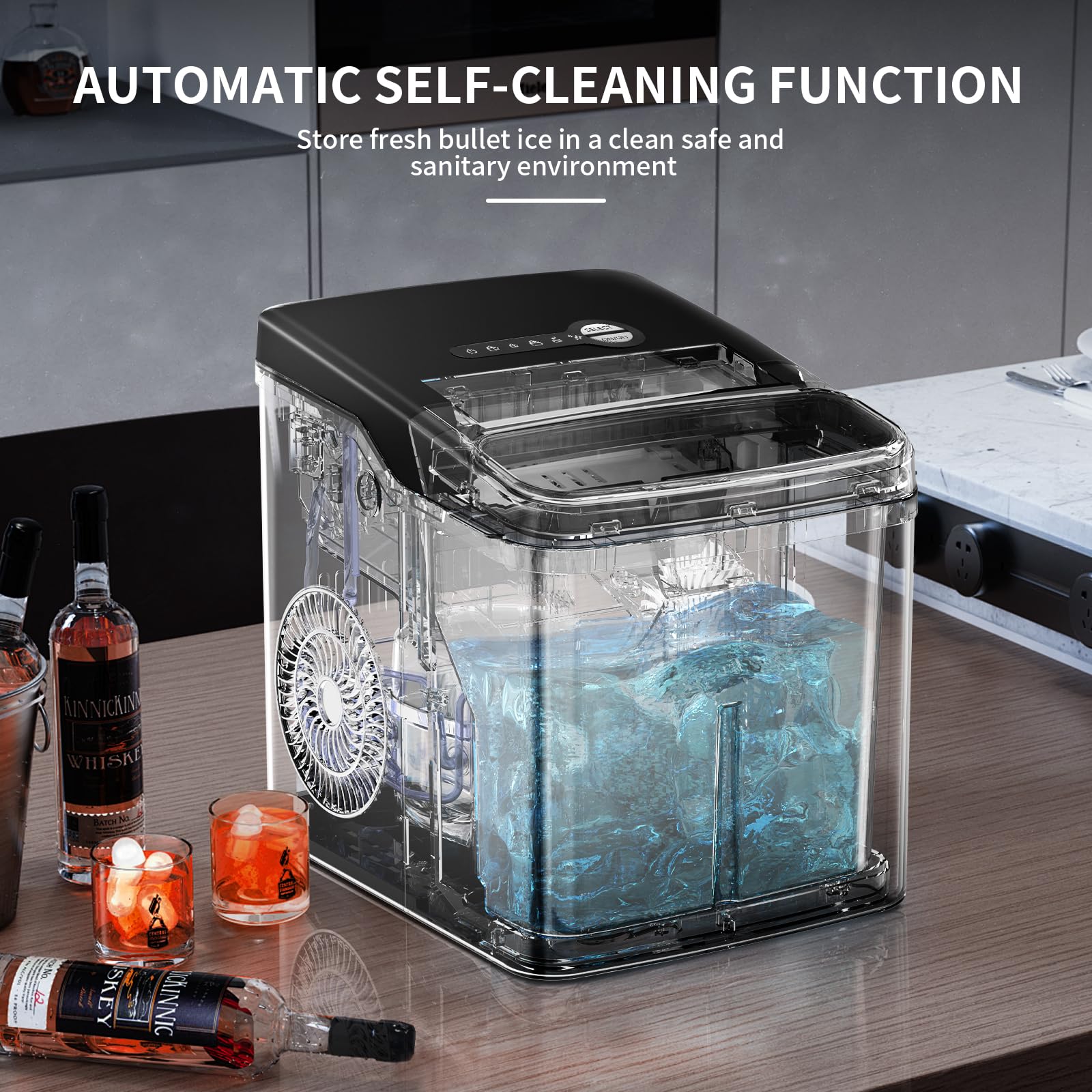 Crzoe Ice Makers Countertop,26.5Lbs/24H,Self-Cleaning Portable Ice Maker Machine with Handle,9 Bullet Cubes in 6 Mins,2 Sizes of Bullet Ice for Home/Kitchen(Black)
