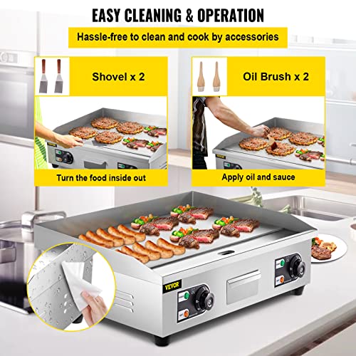 VEVOR Commercial Electric Griddle, 26" Teppanyaki Grill, 3200W Electric Flat Top Grill, Stainless Steel Electric Countertop Griddle w/Drip Hole, 50-300℃ Electric Griddle for Pancake, Chicken(No Plug)
