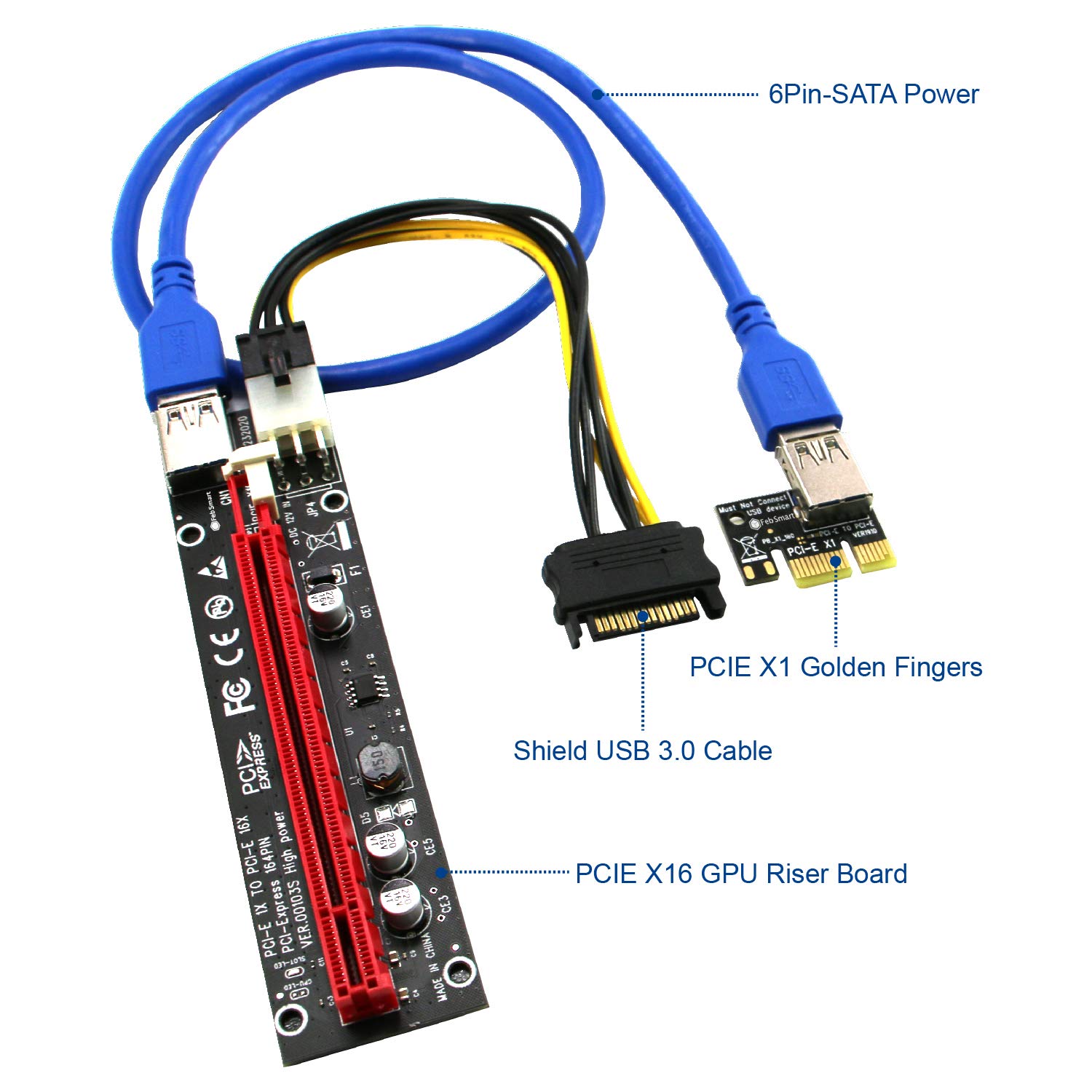 PCIE Riser Cable VER006C,GPU Risers for Mining Rigs,GPU Extension Cable,GPU Crypto Currency Mining Cable with 6Pin-SATA Power Cable and 23.6in Extension Cable,Extend PCIE X1 to PCIE X16(PCE-VER006C)