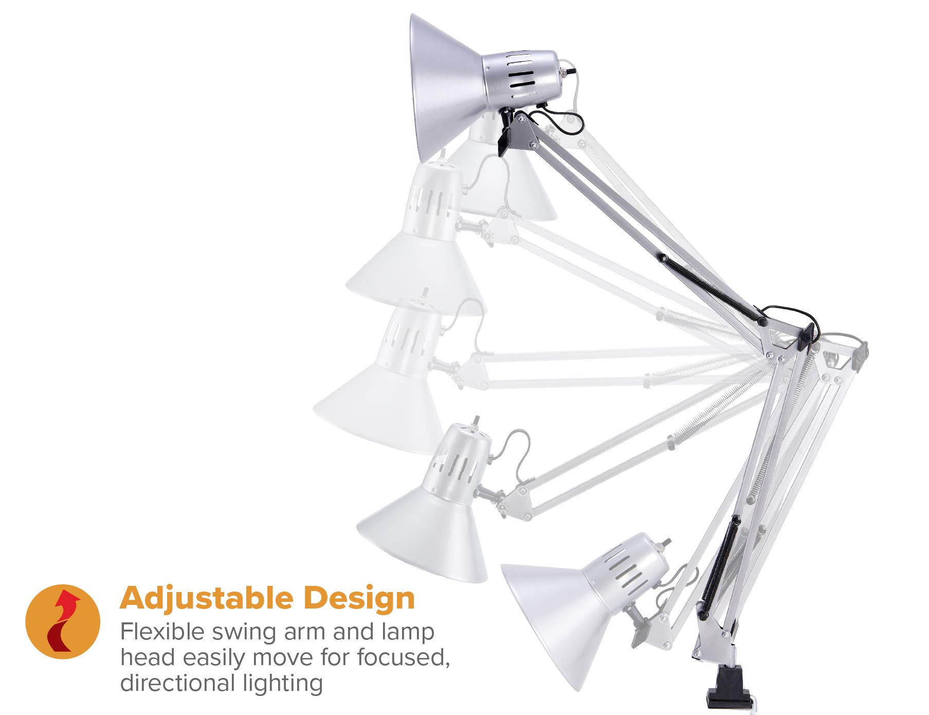 Bostitch Office VLF100-SLV Swing Arm Desk Lamp with Clamp Mount, 36" Reach with Multi-Joint Adjustment, Includes Replaceable LED Bulb (VLF), Silver