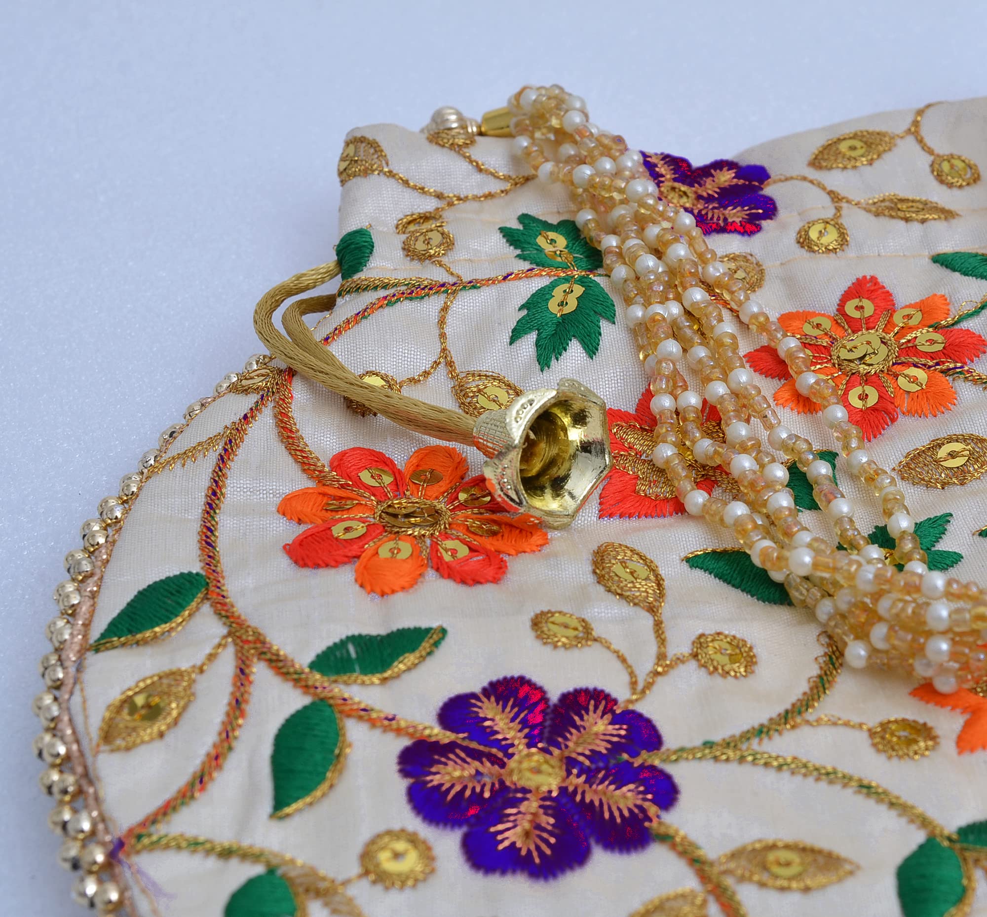 Truesellershop Designer Embroidered Potli Bag for Women Indian Ethnic Embroidered Printed Silk Batwa Pearls Handle Purse Clutch Off White