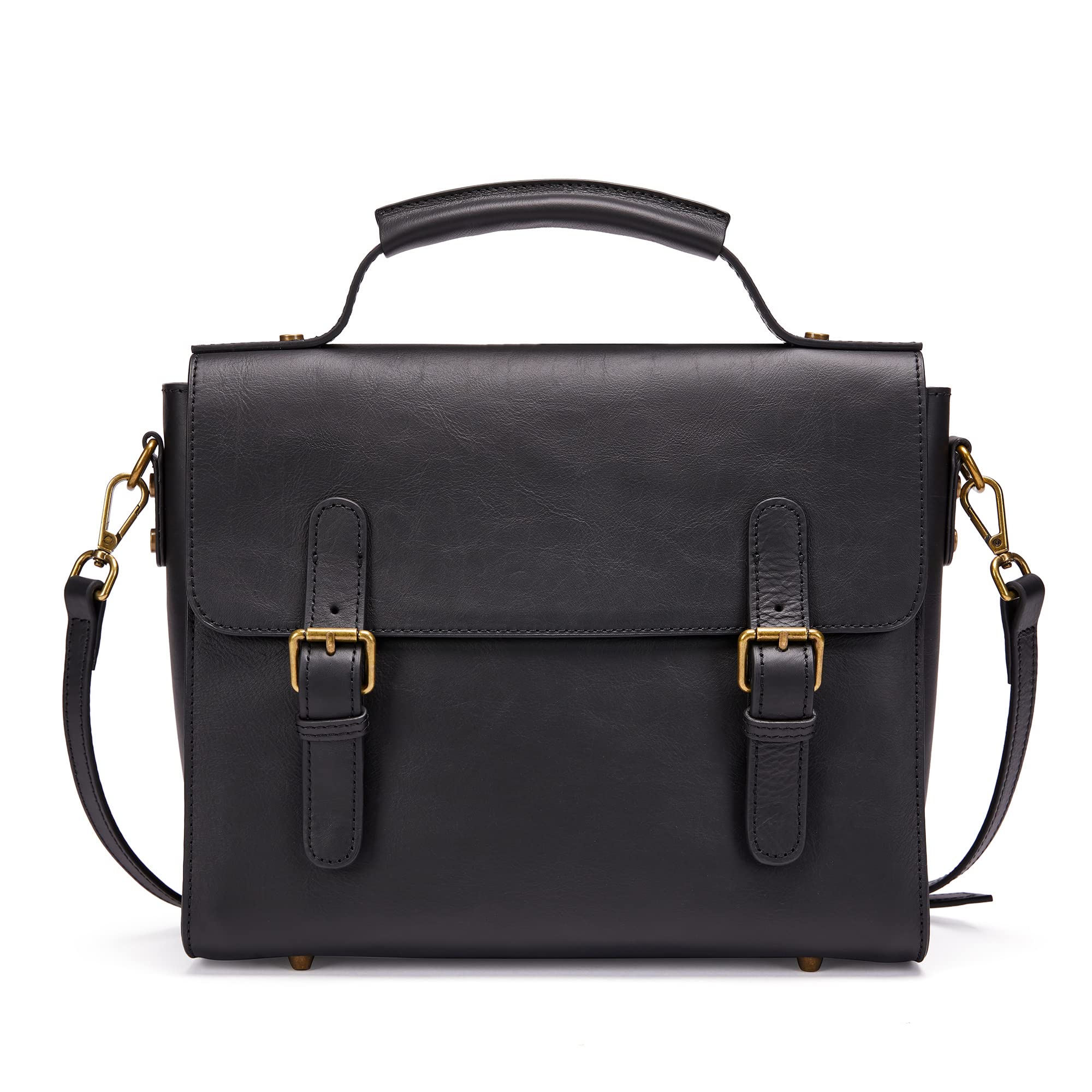 Vintage Leather Messenger Bag For Women Top Handle Shoulder Handbags Fit A4 Paper (Black)