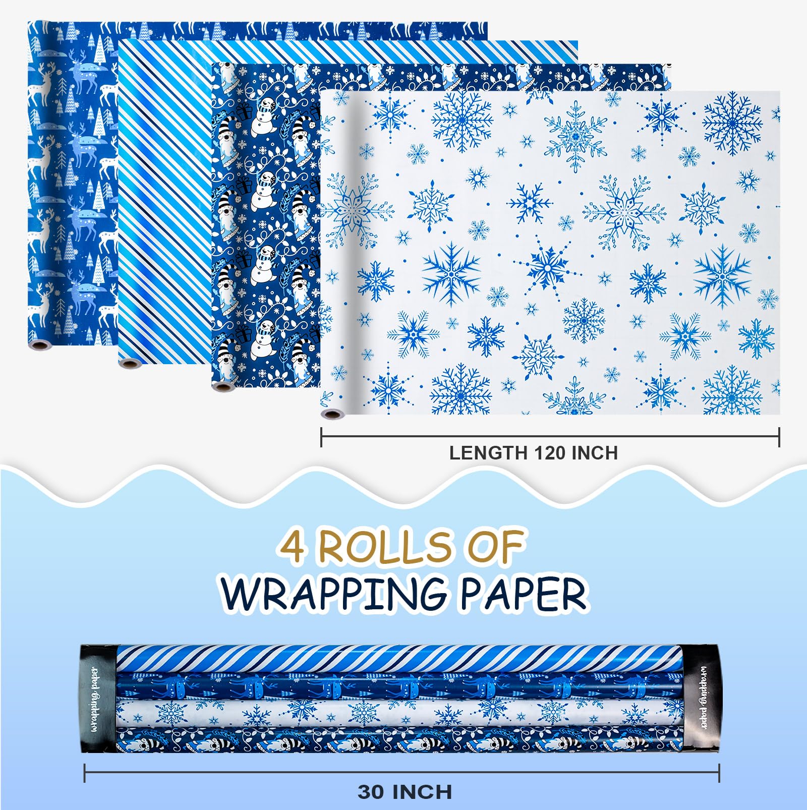 Flyhill Jumbo Christmas Wrapping Paper Bundle with Gridlines-30 In X120 In-4 Roll-Snowmen & Santa Claus & Snowflakes & Reindeer & White Stripes & Tree for New Year,Birthday,Holiday