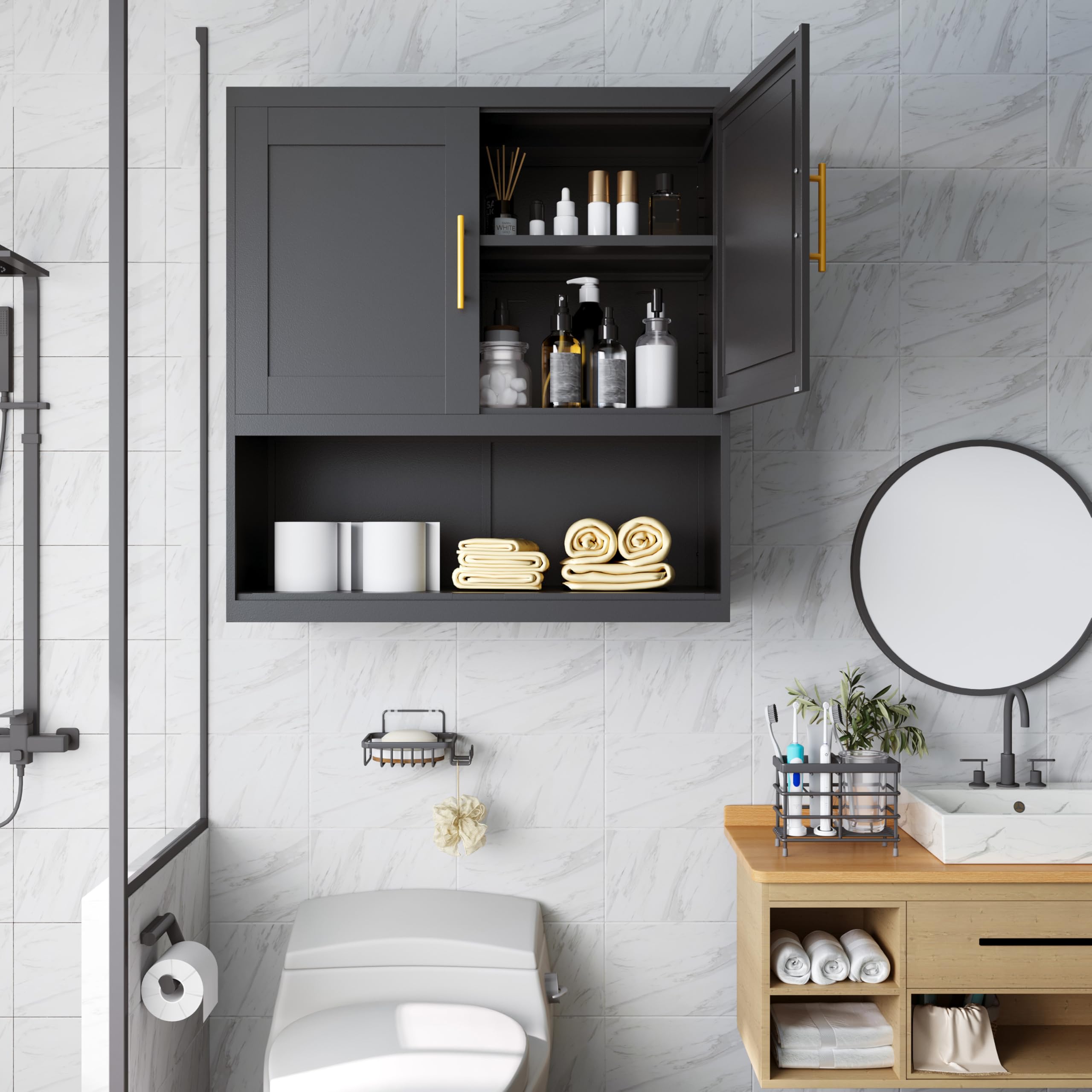erosoei Metal Bathroom Cabinet Wall Mounted,Hanging Cabinet with 2Door and Adjustable Shelves,Over The Toilet Storage Medicine Cabinets for Bathroom,Laundry Room,Kitchen