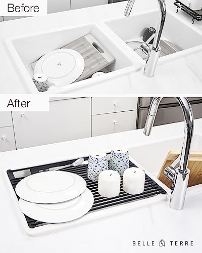 Large Dish Drying Rack for Kitchen Sink - Over Sink Dish Drying Rack to Dry Dishes & Drain Items - Modern & Stylish Dish Rack Set with Extra Side Tray - Space-Saving Roll-Up Counter Drainboard - Black