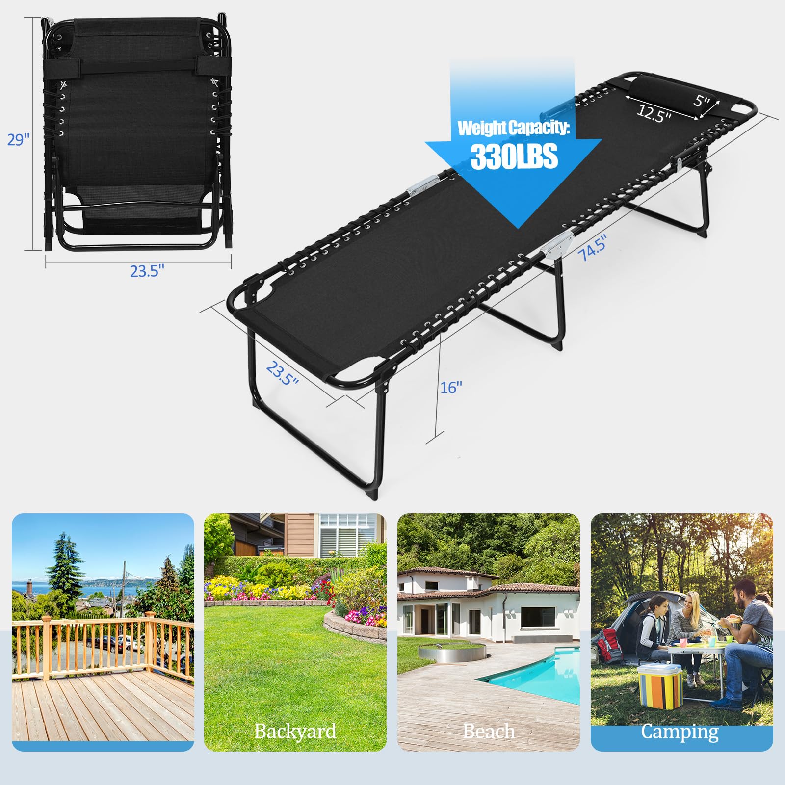 HAPPYGRILL Folding Lounge Chair with 4 Position Adjustable Backrest, Portable Lightweight Reclining Chair Recliner for Beach Camping Patio Lawn