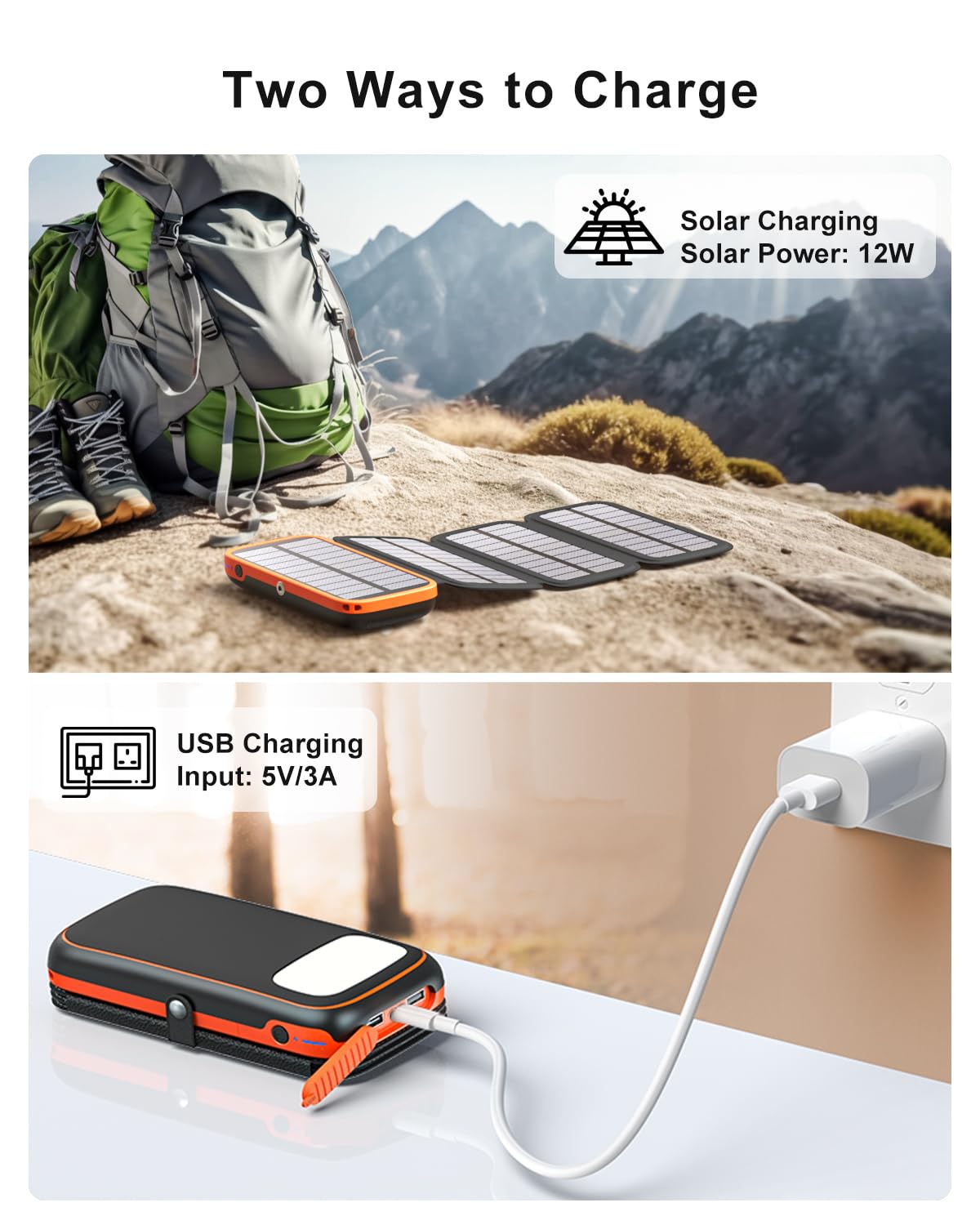 CONXWAN Solar Charger 27000mAh Power Bank with 4 Solar Panels & 3 USB Outputs, 3A Fast Charging Portable Charger USB C External Battery Pack Compatible with Smartphones Tablets
