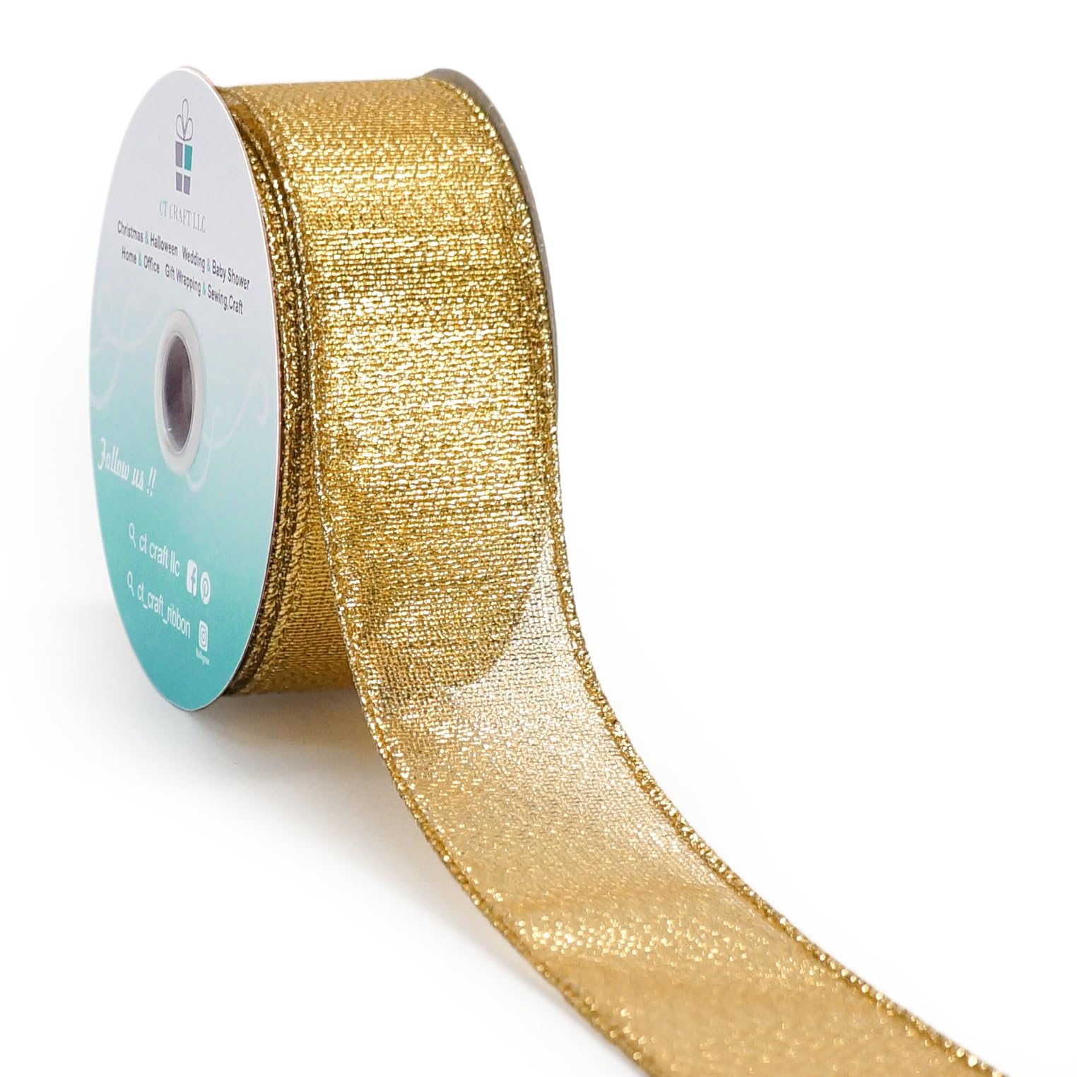 CT CRAFT LLC Gold Metallic Wired Ribbon 1.5 inch x 20 Yards for Christmas Home Decor Tree Topper Bow Gift Wrapping DIY Crafts Wreath Garland Wedding