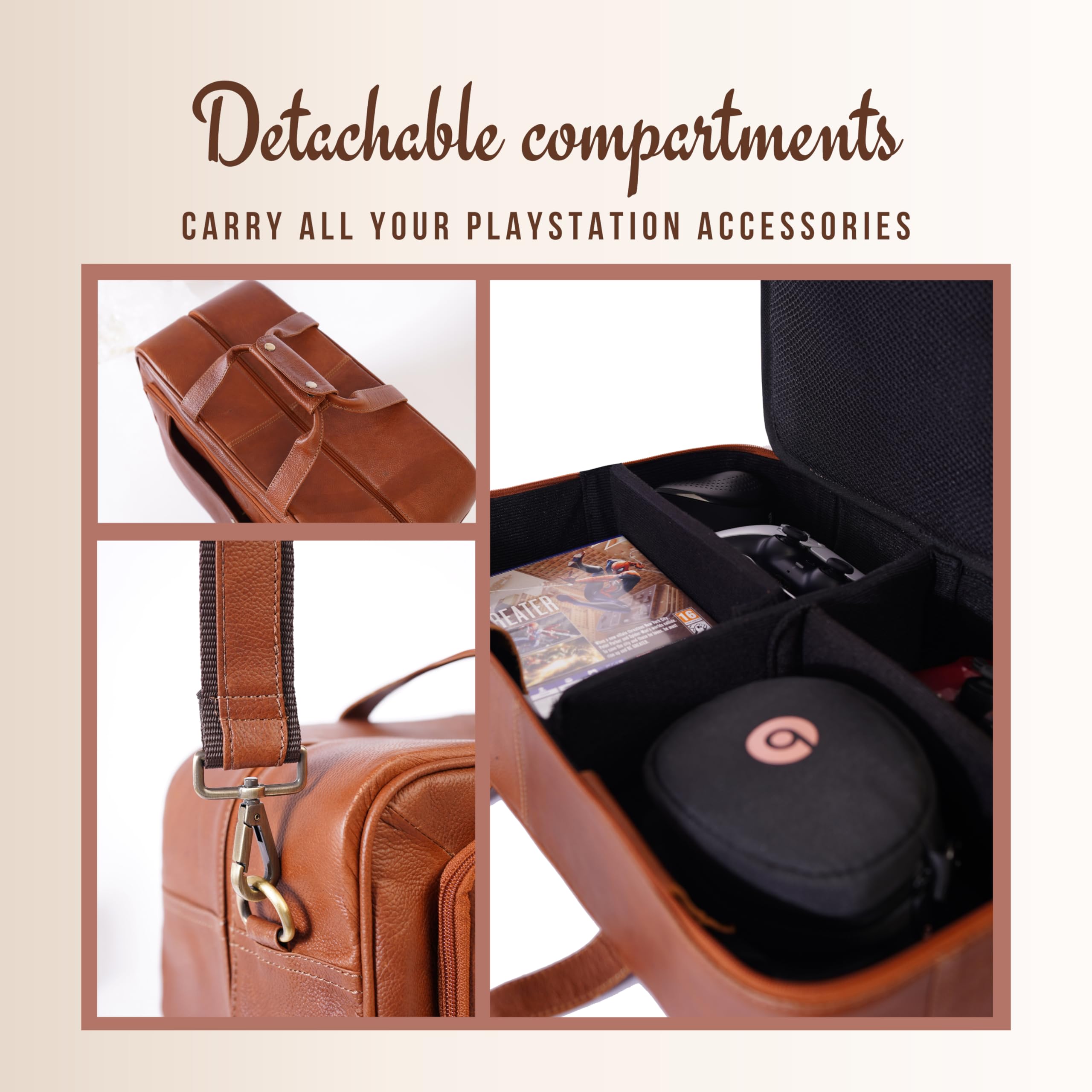 DreamController Genuine Leather PS5 Carrying Case | Gaming Bag with Detachable & Adjustable Compartments for Acessories | Full Grain Leather Weekender Bag for Gaming Console | Tan cowboy Leather Bags