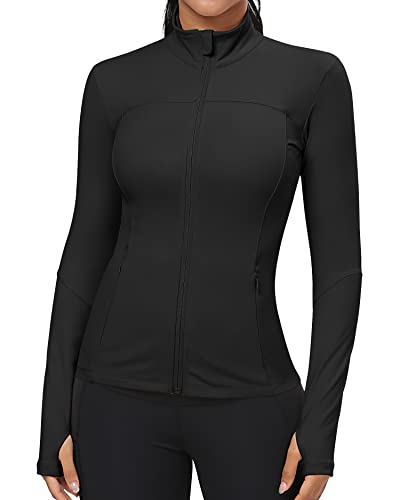 GYM RAINBOW Workout Jackets for Women, Full Zip Slim Fit Lightweight Athletic Running Sports Track Jacket with Pockets(1-Black,Medium)