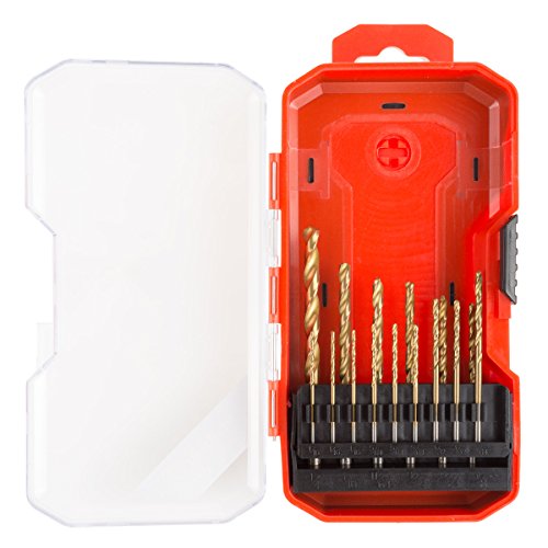 Drill Bit Set, Titanium Finish and High-Speed Steel Build– Straight Shank Twist Bits for Power Drill- 15 Piece Kit with Storage Case by Stalwart