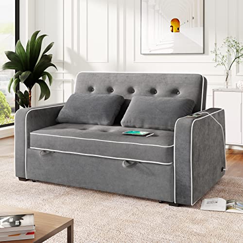ERYE 3 in 1 Oversized Convertible Sleeper Sofabed,Modern Linen Upholstered Tufted Loveseat Sofa&Couch with Pull Out Sleep Couch Bed(Full Size),USB Charging Ports for Home,Apartment,RV Living Room