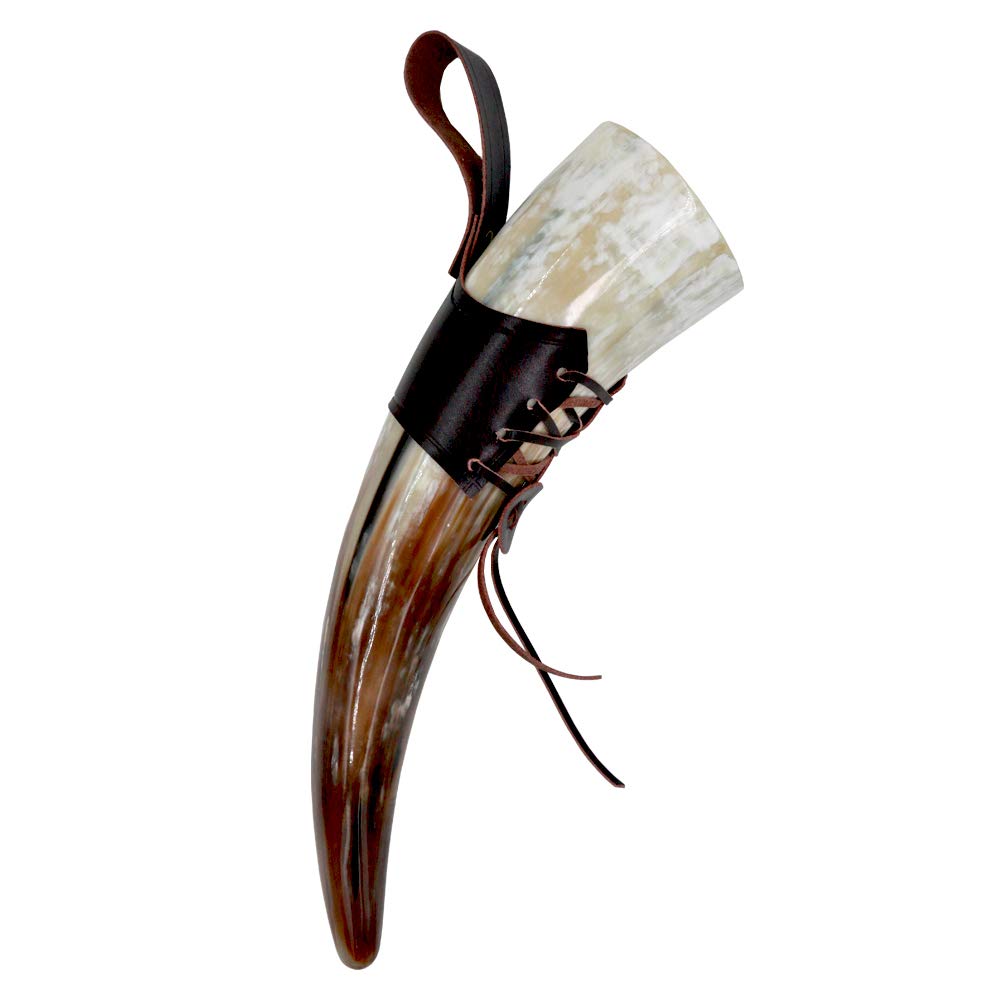 HONGLAYS Viking Horn Mugs-Handmade Home Real Viking Drinking Horn with Leather Straps Beer Wine Goblet Chalice Tankard Ox Horn Beaker Vessels (With Leather Straps)