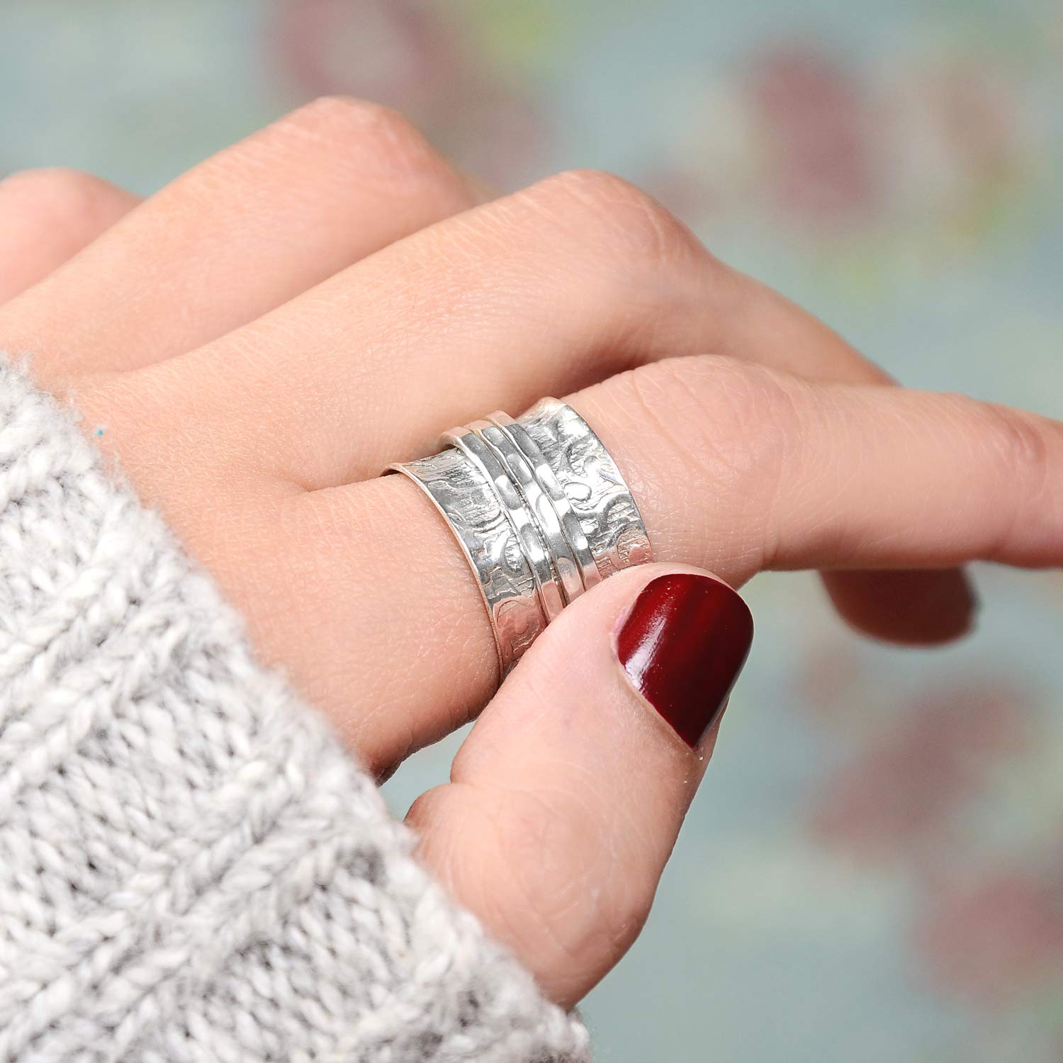 Boho-Magic 925 Sterling Silver Spinner Ring for Women | 3 Spinning Rings Bands | Fidget Meditation Anxiety | Wide Statement Chunky Jewelry Size 7-9 (8)