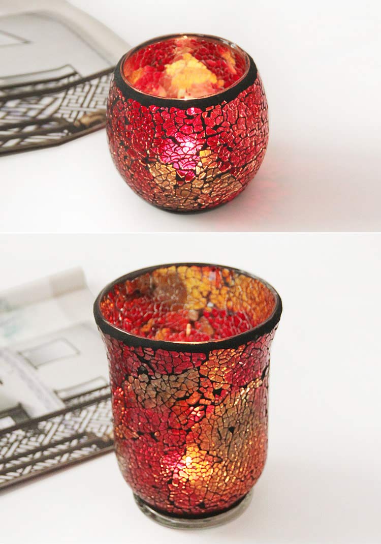 Two-piece Orange Red Mosaic Glass Tea Light Candle Holder Ball and Wind Lantern Shape Votive Candleholder Romantic Handmade Gifts Christmas Candlestick Holders Home Decor Wedding Party Table Decor