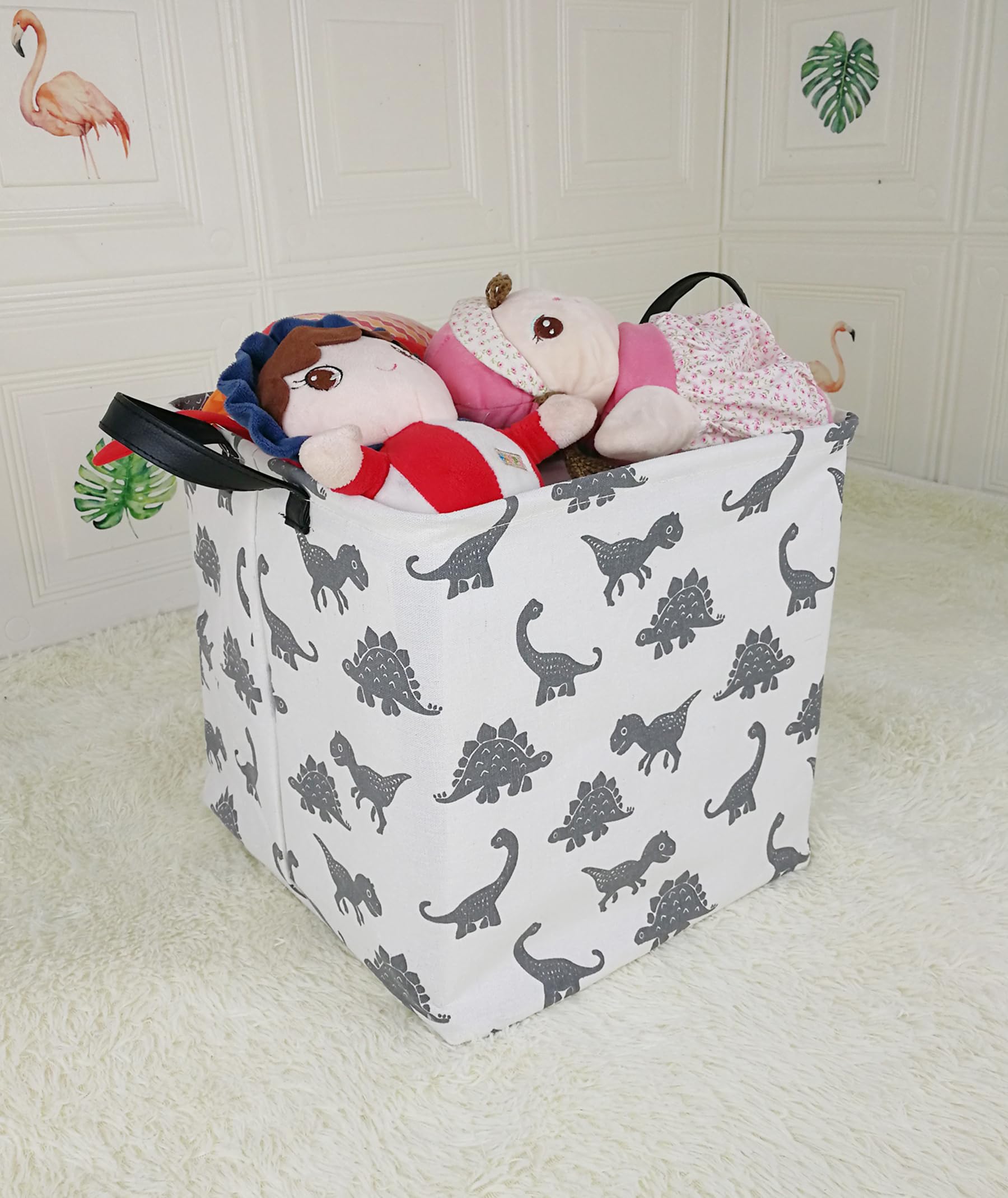 HUAYEE Squrage Storage Bin Canvas Fabric Storage Basket, Waterproof Coating Toy Organizer with Handles, Gift Basket for Home, Office, Clothes, Toy, Shelf Basket (Square Gray Dinosaur)