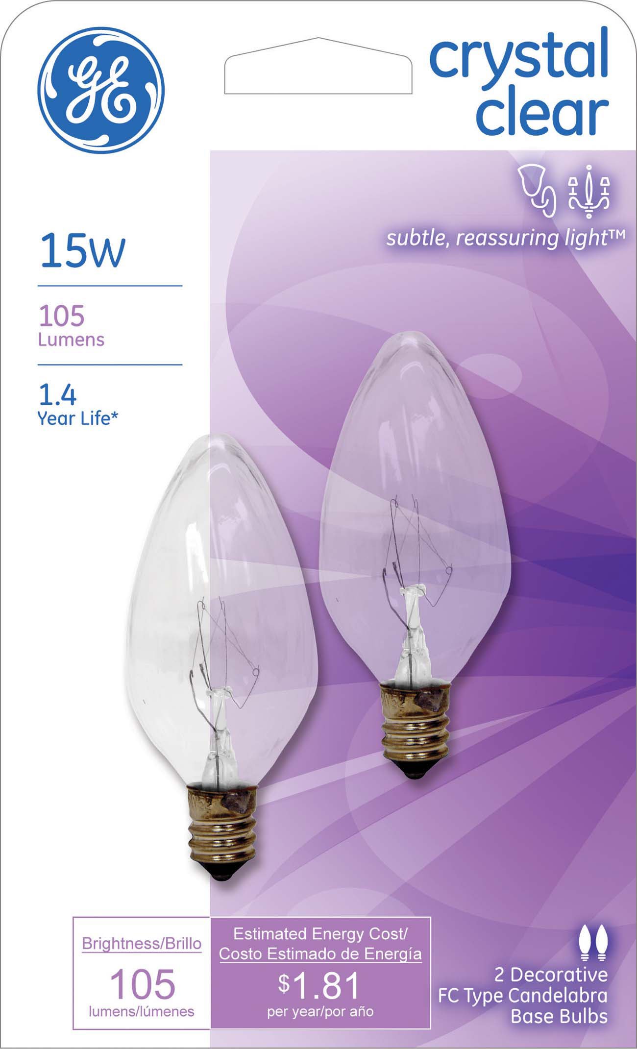 GE 48395 Light Bulb, 15 Watts, Crystal Clear, 2