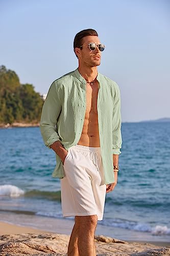 COOFANDY Men's Casual Beach Shirts Linen Shirt Men Long Sleeve Button Down Shirt Mandarin Collar Light Green
