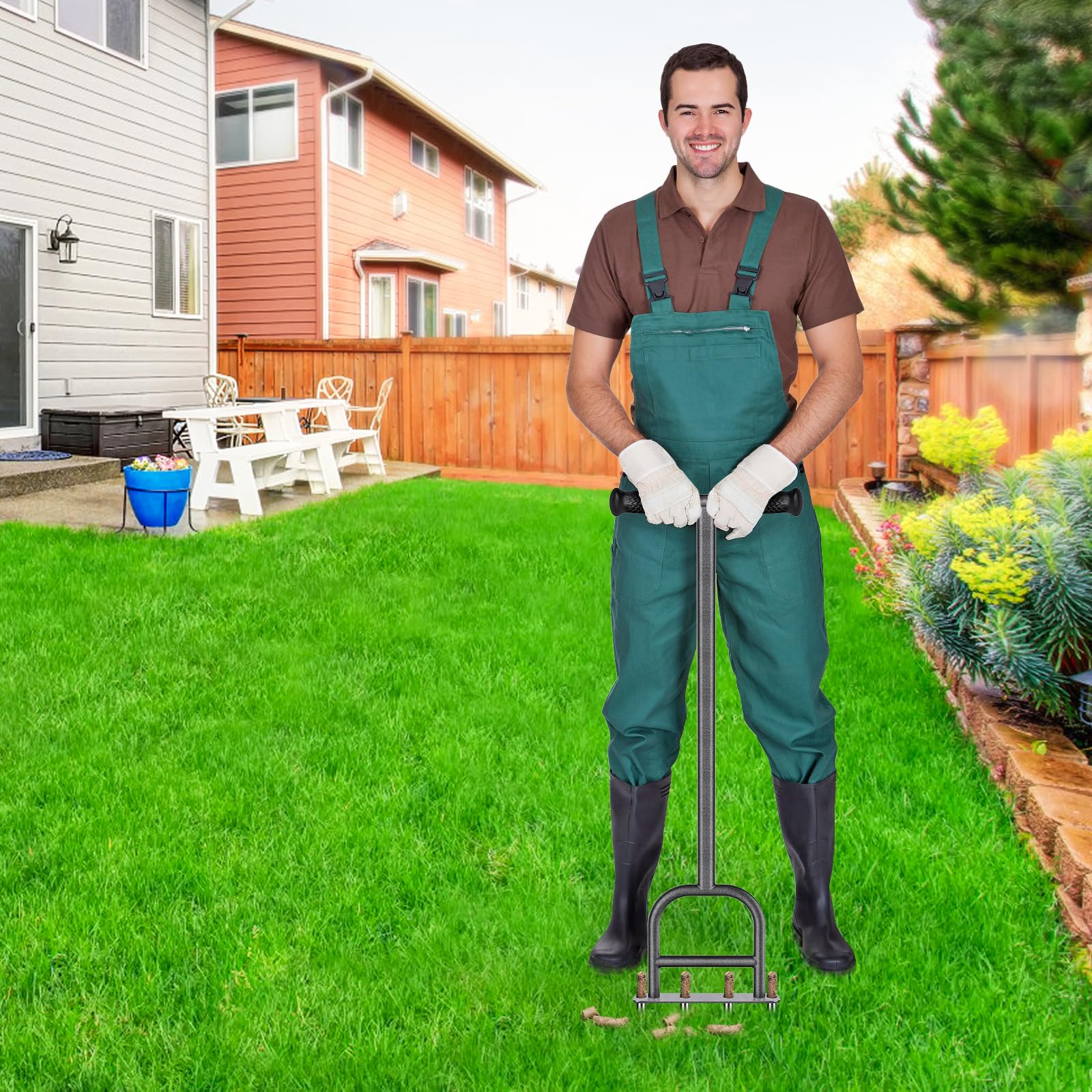 Dolibest Lawn Coring Aerator, Stainless Steel 4 Corer Plug Aerator Tool with Soft Rubber Grip, Manual Grass Aerating Tool, Garden Tool & Cleaning Hand Tool for Loosening Soil and Improving Lawn Health