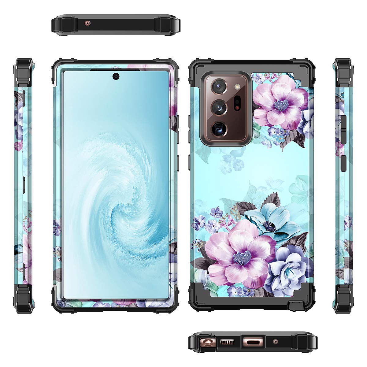Casetego Compatible with Galaxy Note 20 Ultra Case,Floral Three Layer Heavy Duty Hybrid Sturdy Shockproof Full Body Protective Cover Case for Samsung Galaxy Note 20 Ultra 6.9 inch,Blue Flower