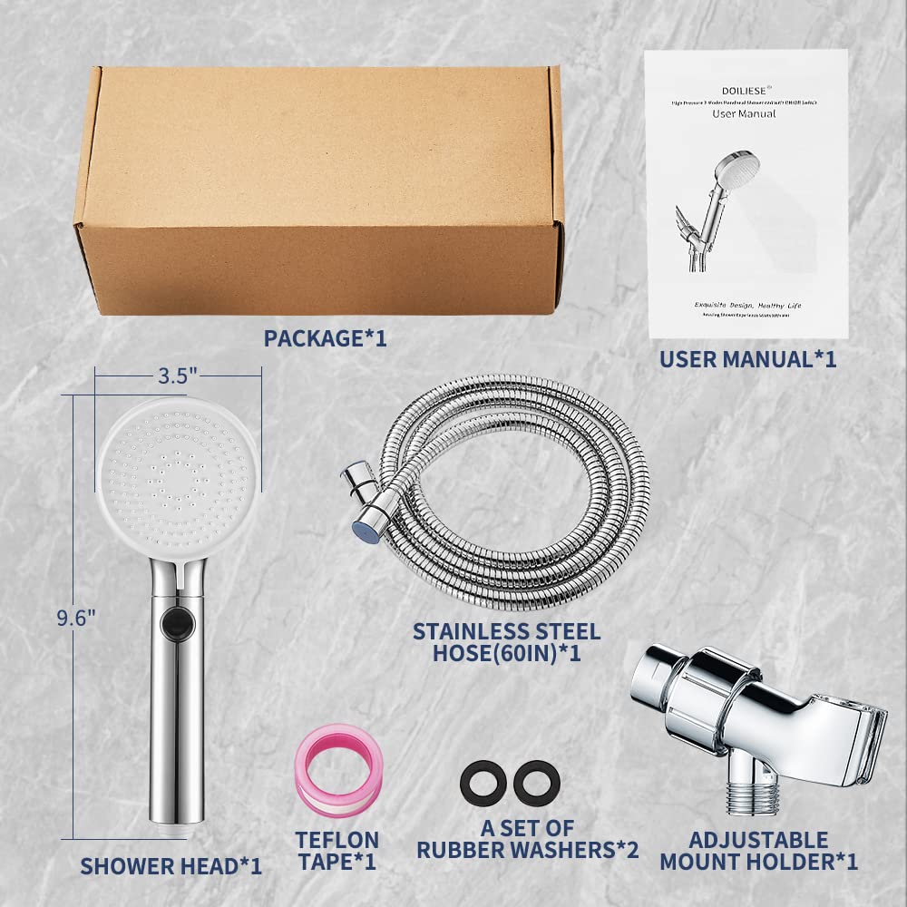 DOILIESE Shower Head with Handheld Shower Head with ON/Off Switch, 3-Modes High Pressure Shower Head with Hose,Chrome Finish