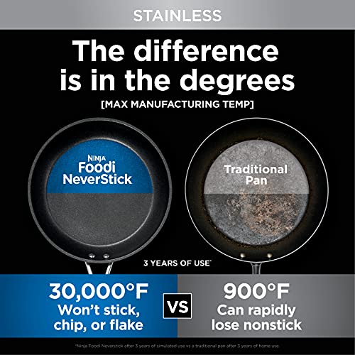 Ninja C60030 Foodi NeverStick Stainless 12-Inch Fry Pan, Polished Stainless-Steel Exterior, Nonstick, Durable & Oven Safe to 500°F, Silver