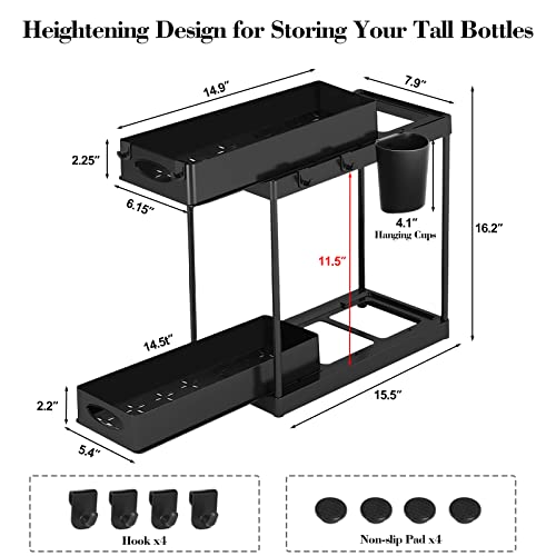 GzfunTeng Under Kitchen Sink Organizer and Storage, 2 Tier Sliding Bathroom Organizer, Pull Out Cabinet Organizer with 4 Hooks, 1 Hanging Cups, Finishing Storage Rack