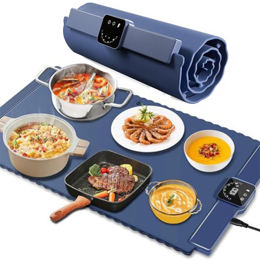 Food Warming Mat, 5 Level Adjustable Temperature, Silicone Heating Mat for Food, Auto-Off Timer, Flat 26 x 15 inch (Blue)