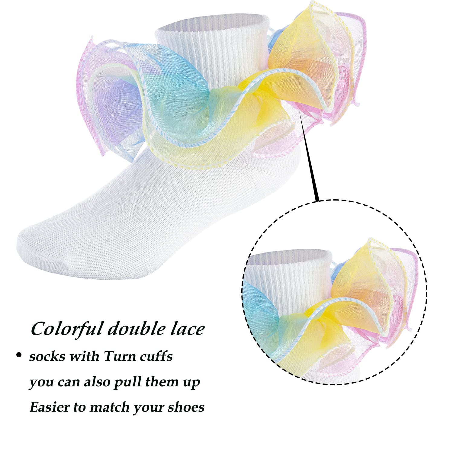 Dicry Toddler Girls Double Lace Socks Turn Cuff Big Ruffle for Little Kids 1-3T (Rainbow, 1-3 Years)