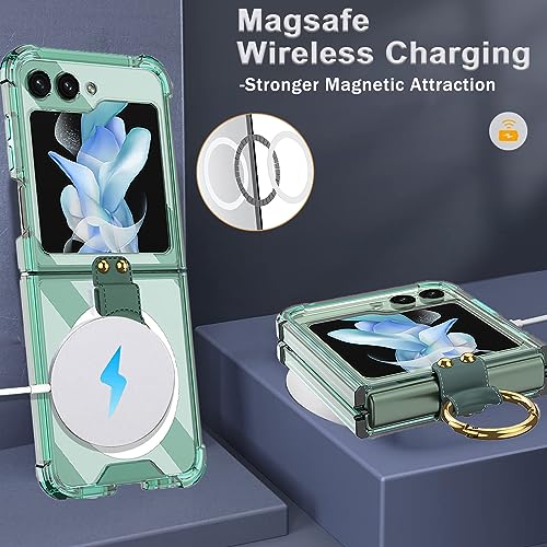 NINKI Compatible Samsung Galaxy Z Flip 5 Case Clear with Ring,4 Corners Heavy Duty Shockproof Samsung Z Flip 5 Case Rugged Slim Silicone Wireless Cover Phone Case for Galaxy Z Flip 5 Case 5G (Green)