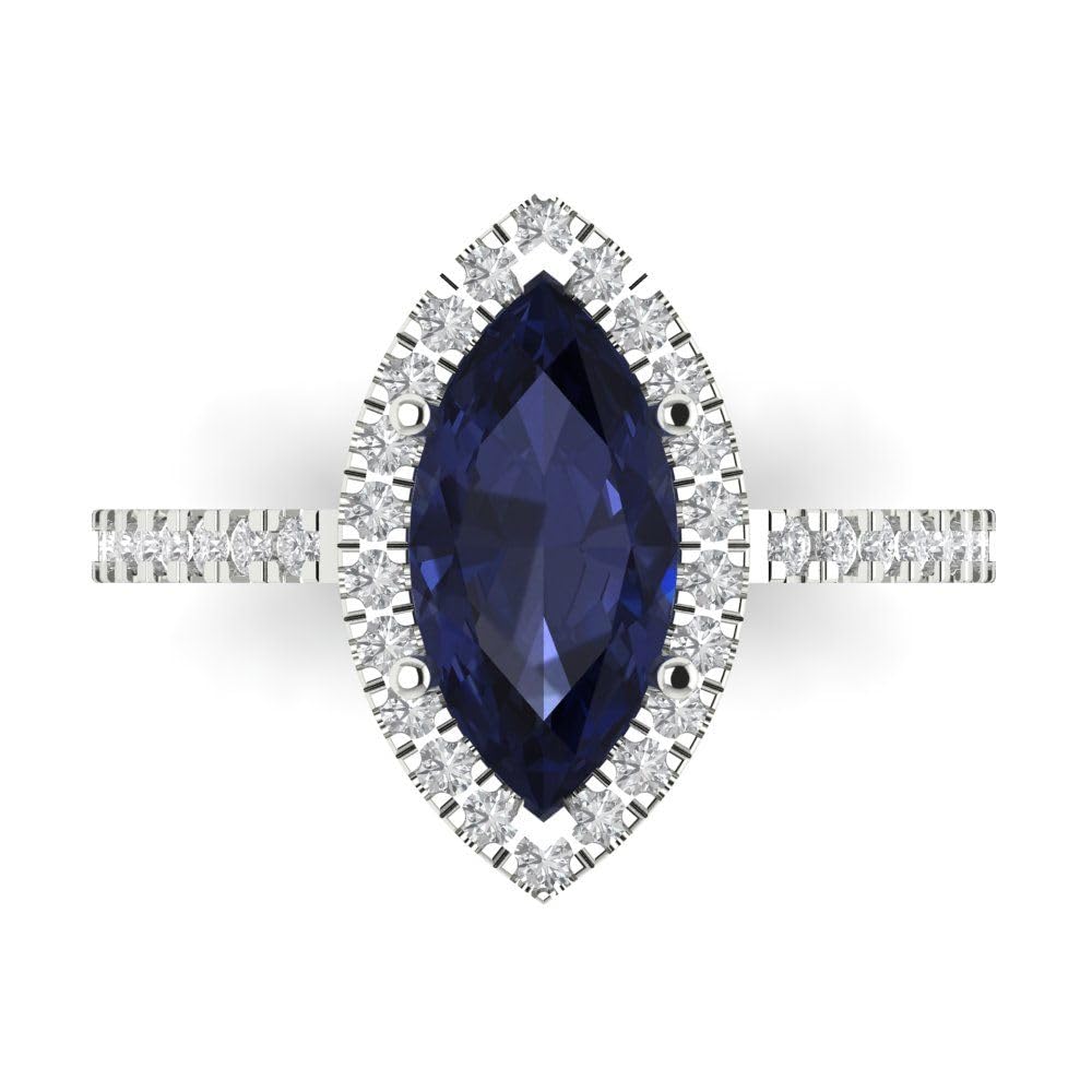 Clara Pucci 2.38ct Marquise Cut Solitaire Halo Genuine Simulated Blue Sapphire Engagement Promise Anniversary Bridal Ring 18K White Gold