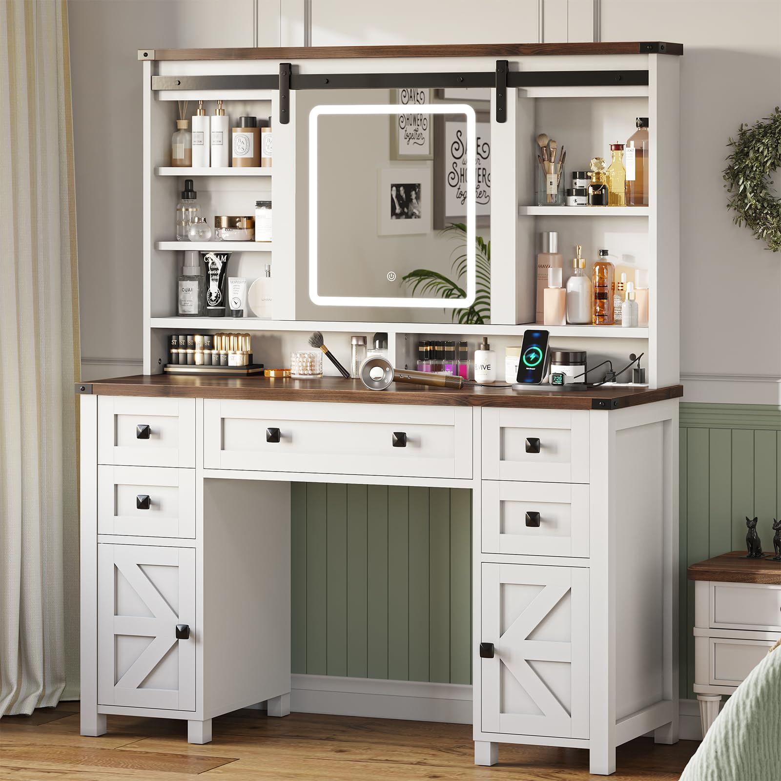 DICTAC Farmhouse Makeup Vanity Desk with Sliding Mirror and Lights Vanity Table with Charging Station,5 Drawers and 2 Cabinets Rustic Vanity Set for Bedroom with Hidden & Open Shelves,White+Walnut