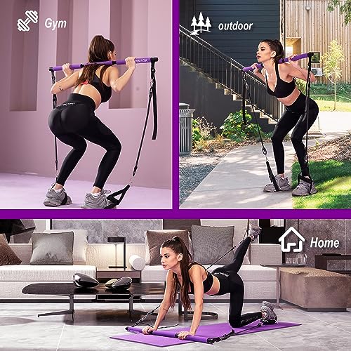 HOTWAVE Pilates Bar Kit with Resistance Bands. Fitness Bar with Ab Roller for Abs Workout. Squat Machine.Core Strength Training Equipment.Portable Home Gym for Men and Women